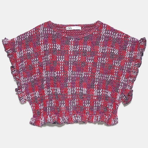 Zara | Tops | Nwt Zara Orangepink Mixed Knit Ruffled Boxy Crop Top ...